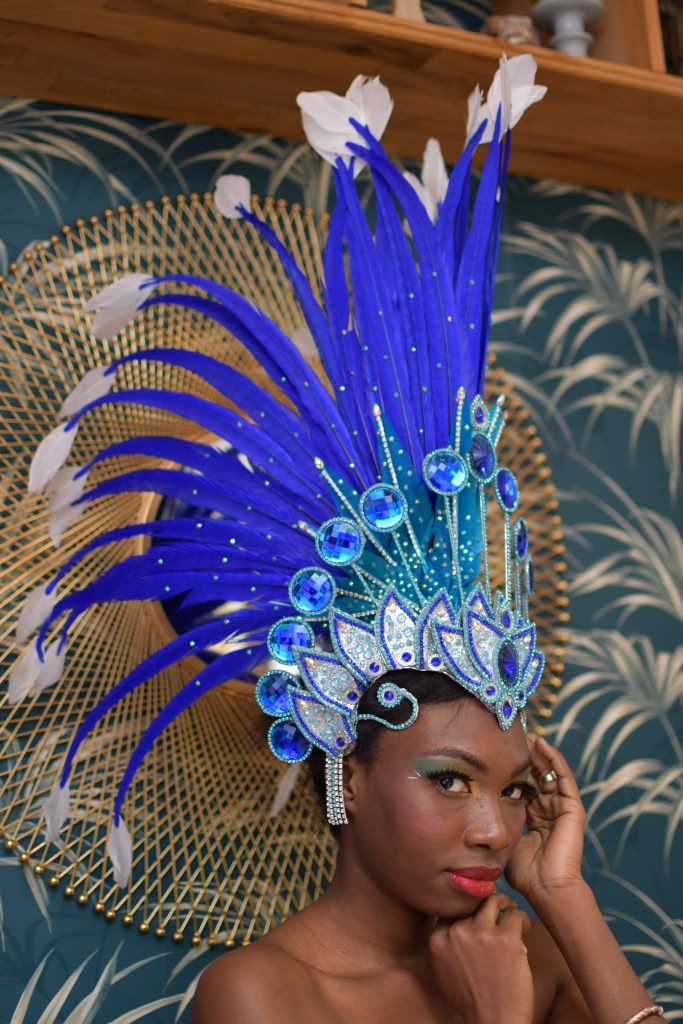 Coiffe Headdress Samba Cabaret Faisan Bleu Argent – Atelier Louise Costume