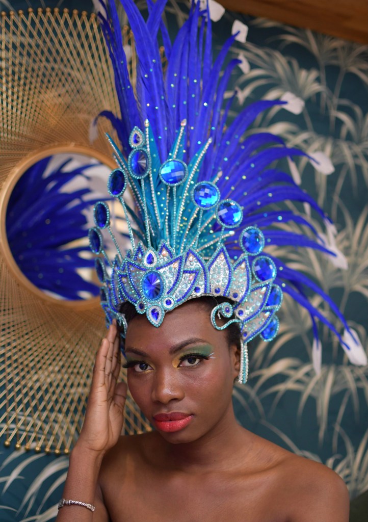 Coiffe Headdress Samba Cabaret Faisan Bleu Argent – Atelier Louise Costume